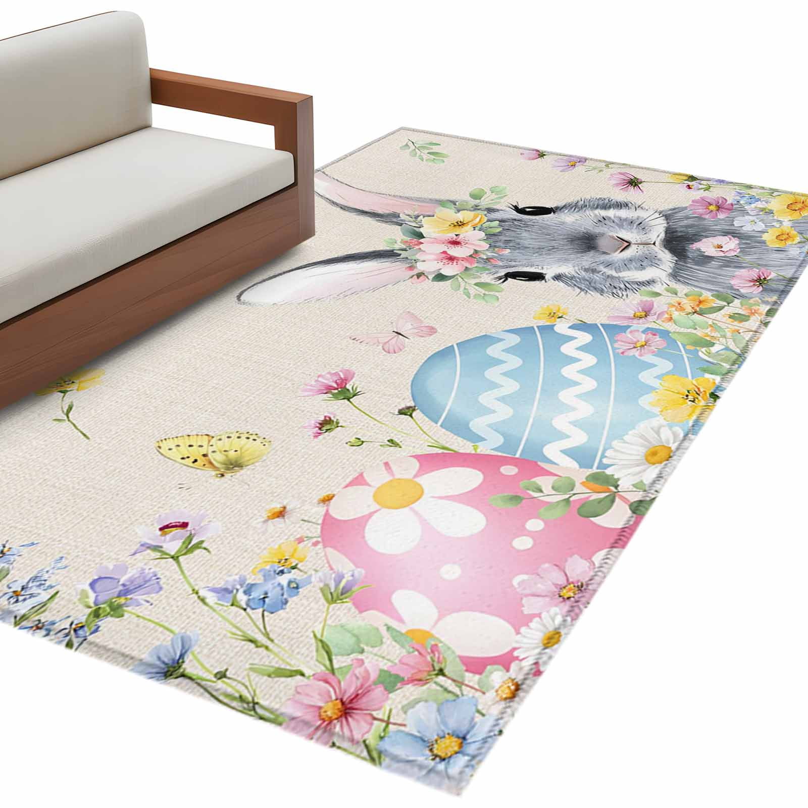 Easter Bunny Washable Area Rug 3 x 5 ft Gray Rabbits Blue Pink Eggs ...