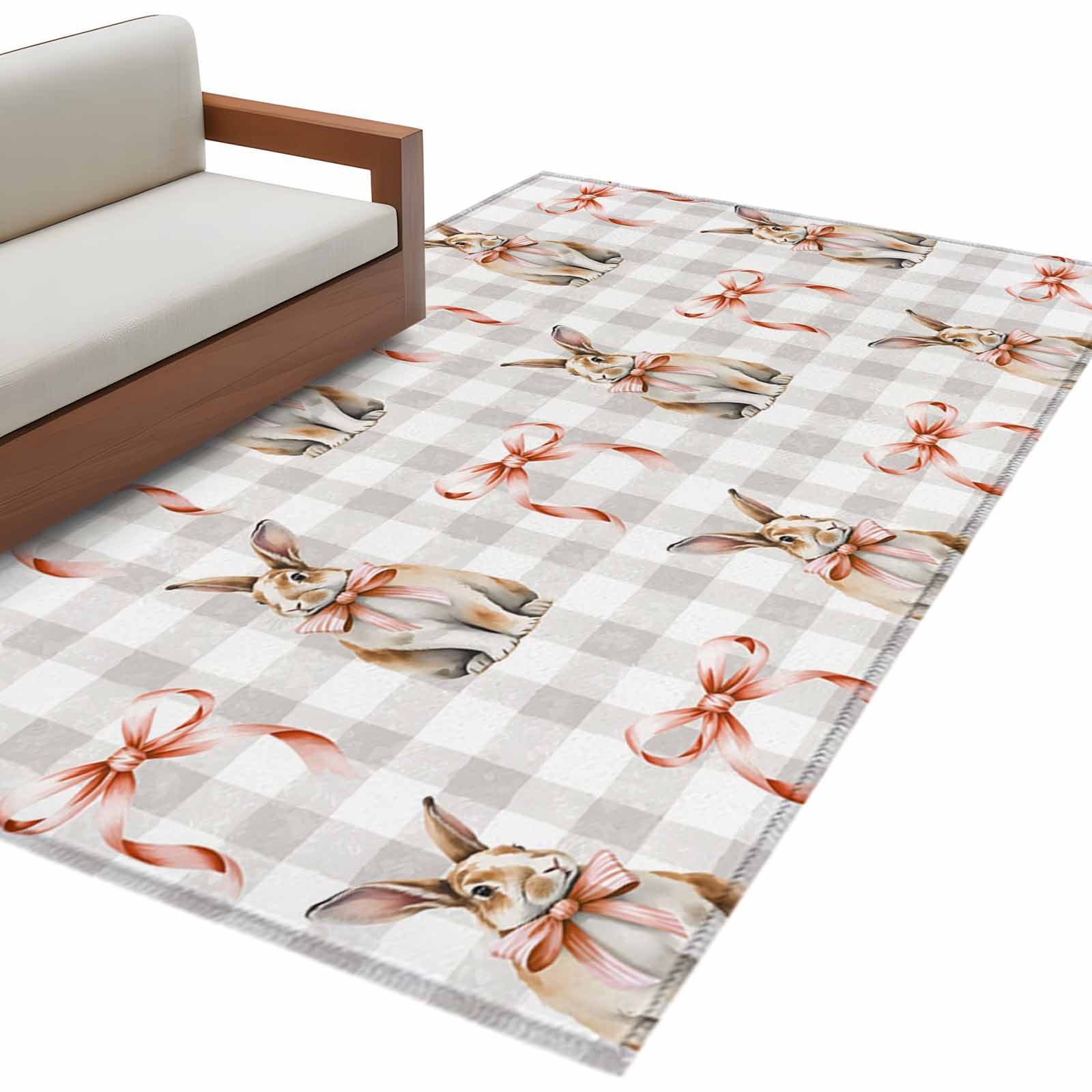 Easter Bunny Washable Area Rug 3 x 5 ft Orange Bow Rabbit Gray Plaid ...