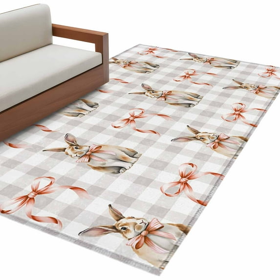 Easter Bunny Washable Area Rug 3 x 5 ft Orange Bow Rabbit Gray Plaid ...