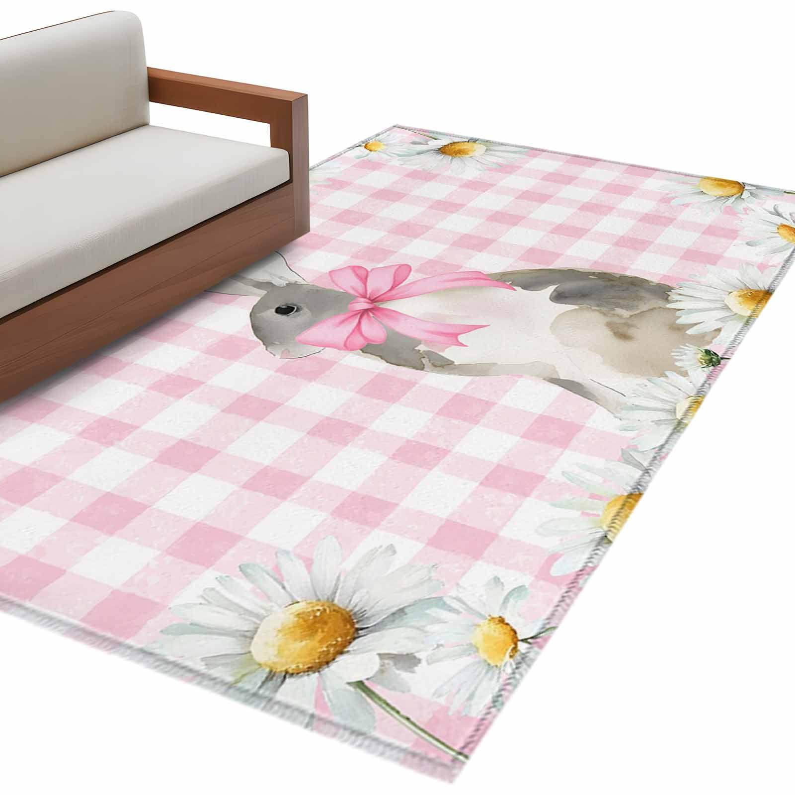 Easter Bunny Washable Area Rug 3 x 5 ft Spring Bow Rabbit White Daisy ...
