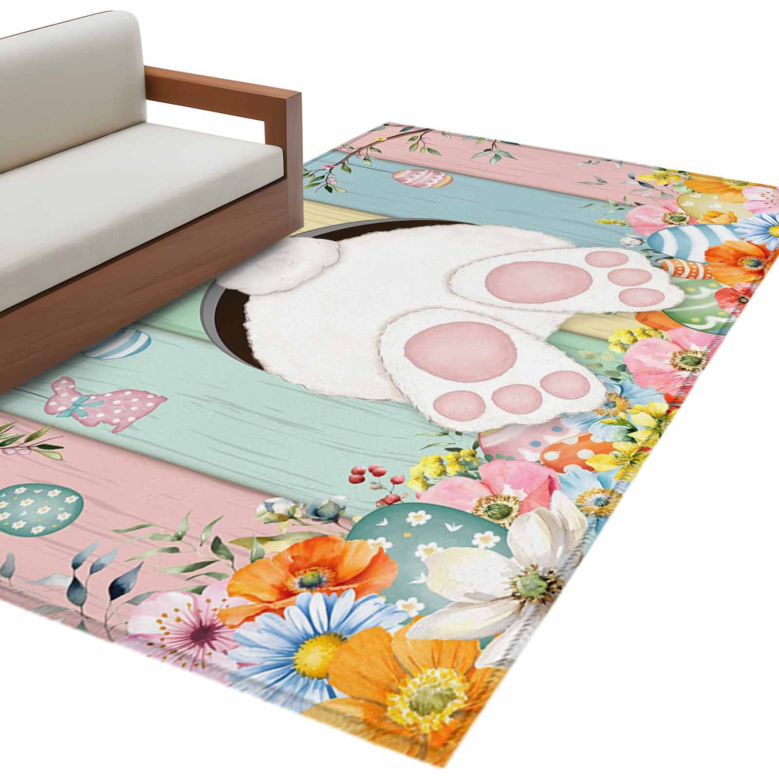 Easter Bunny Washable Area Rug 3 x 5 ft Spring Rabbit Ass Color Eggs ...