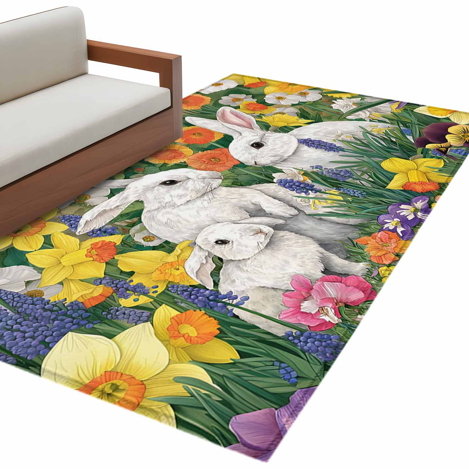 Easter Bunny Washable Area Rug 3 x 5 ft Spring Rabbits Yellow White ...