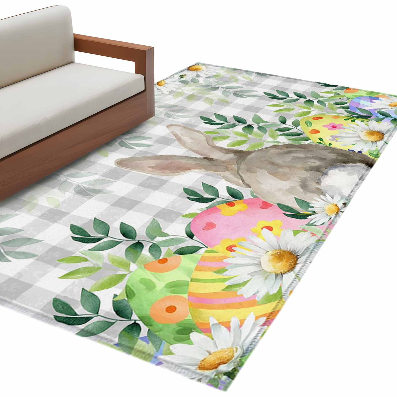 Easter Bunny Washable Area Rug 4 x 6 ft Spring Gray Rabbit Daisy Floral ...