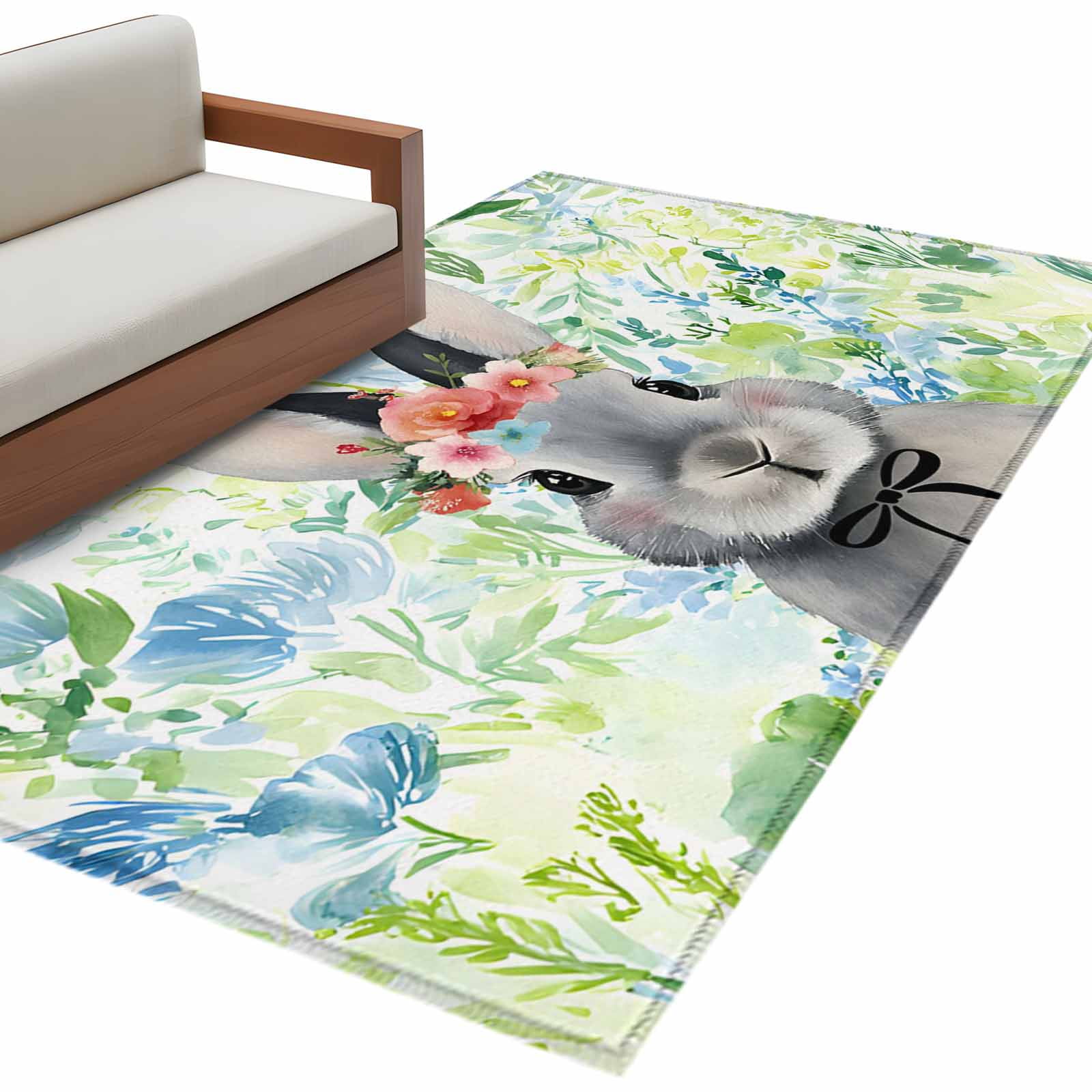 Easter Bunny Washable Area Rug 4 x 6 ft Watercolor Blue Green Red Pink ...