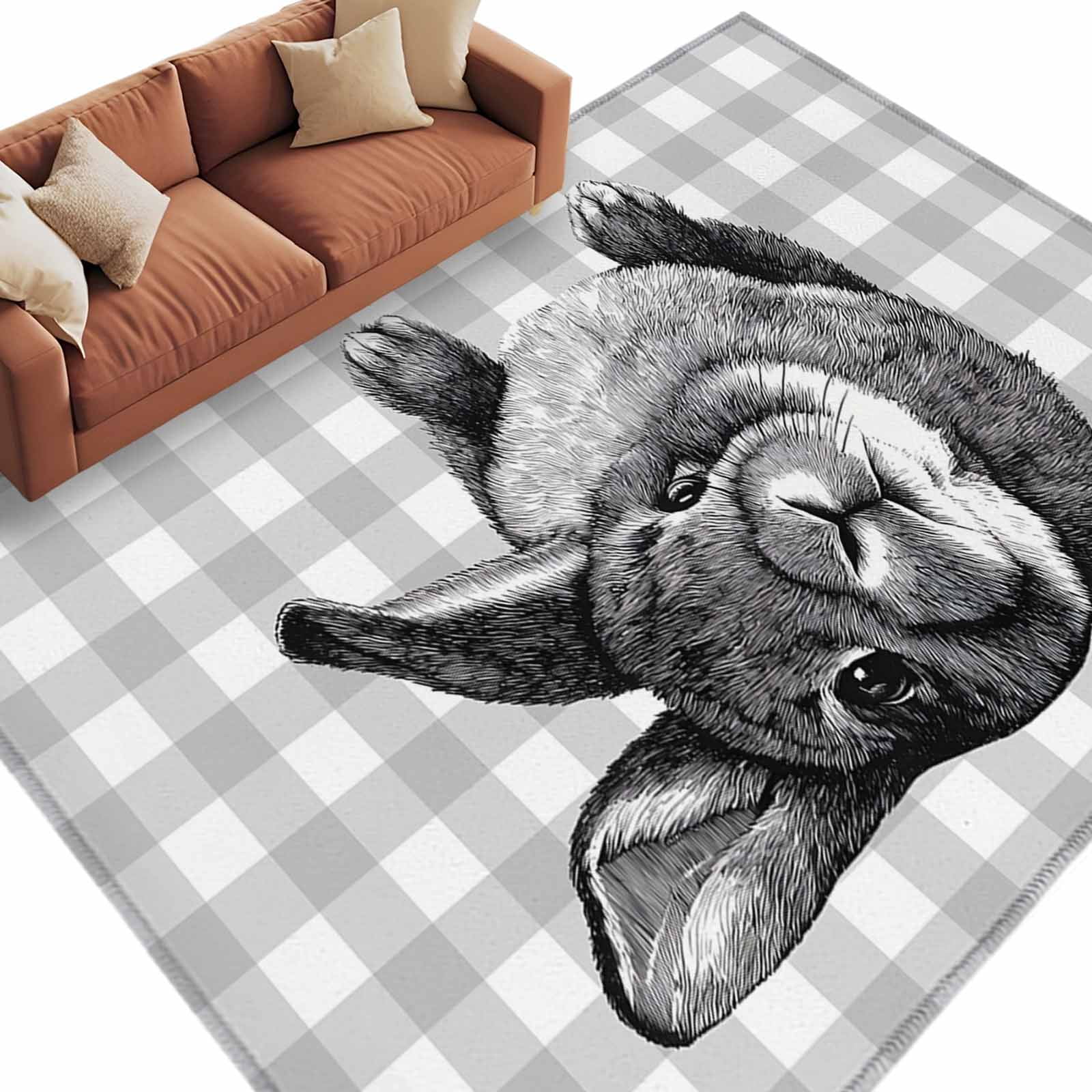 Easter Bunny Washable Area Rug 5 x 7 ft Cute Gray Rabbit Farm Country ...