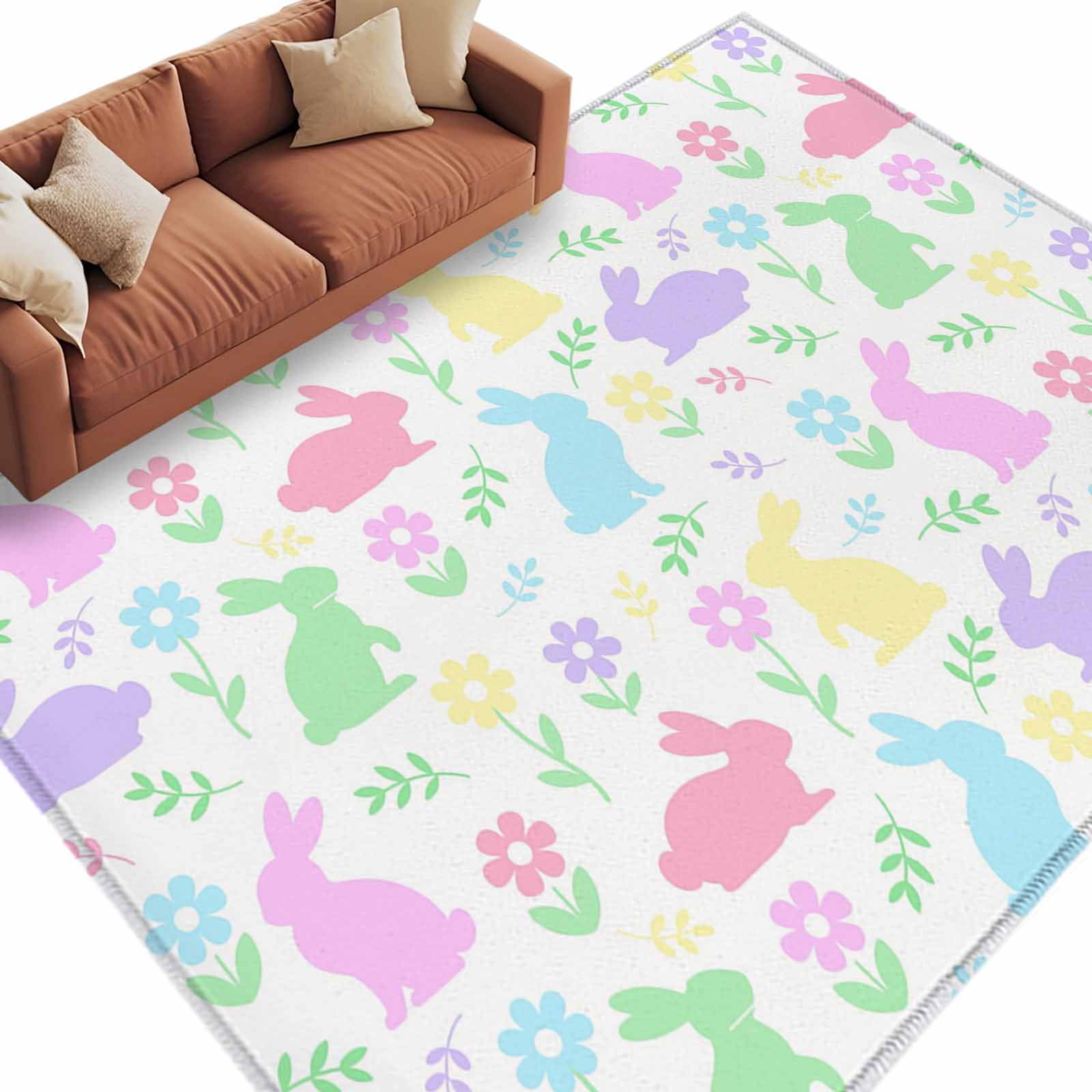 Easter Bunny Washable Area Rug 5 x 7 ft Spring Blue Red Pink Purple ...