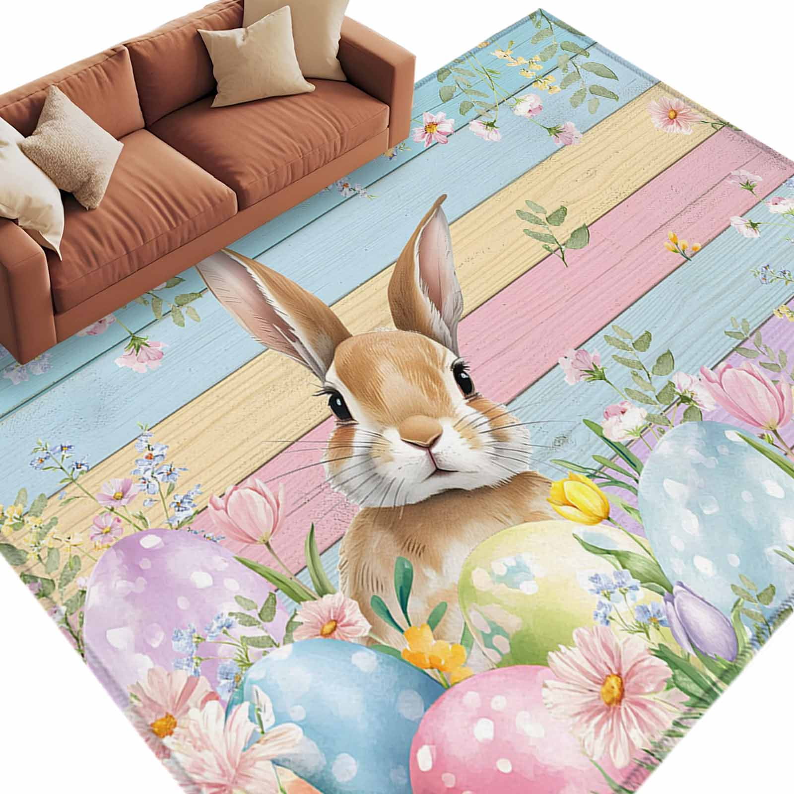 Easter Bunny Washable Area Rug 5 x 8 ft Spring Cute Rabbit Blue Pink ...