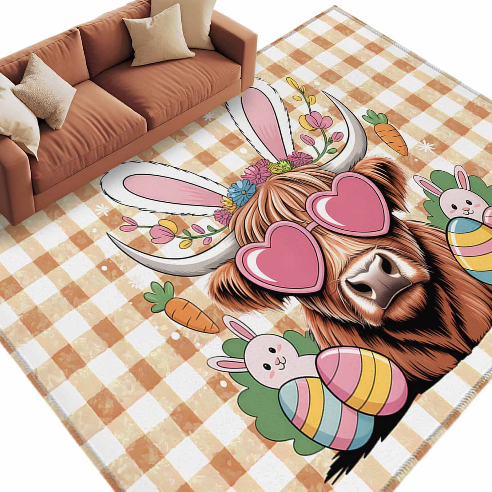 Easter Bunny Washable Area Rug 5 x 8 ft Spring Cute Rabbit Glasses Cow ...