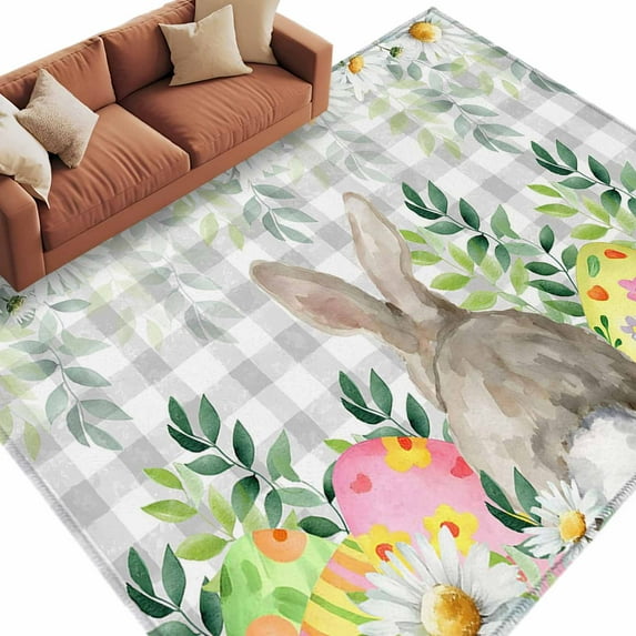 Easter Bunny Washable Area Rug 5 x 8 ft Spring Gray Rabbit Daisy Floral ...