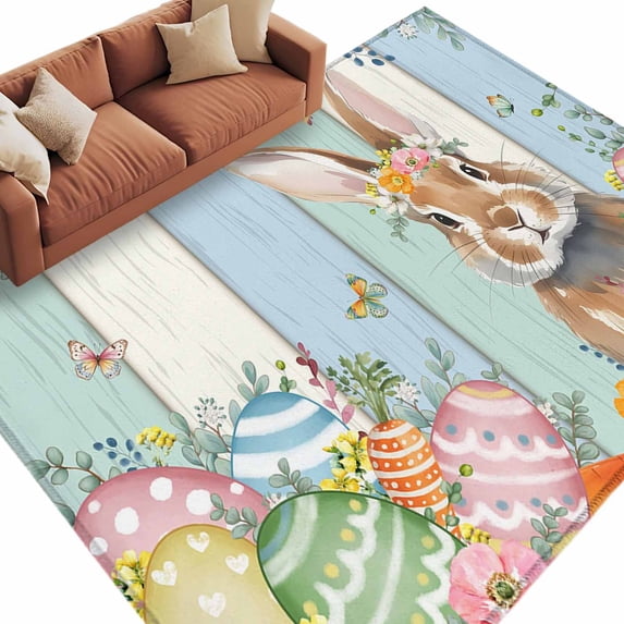 Easter Bunny Washable Area Rug 5 x 8 ft Spring Rabbit Colorful Eggs ...