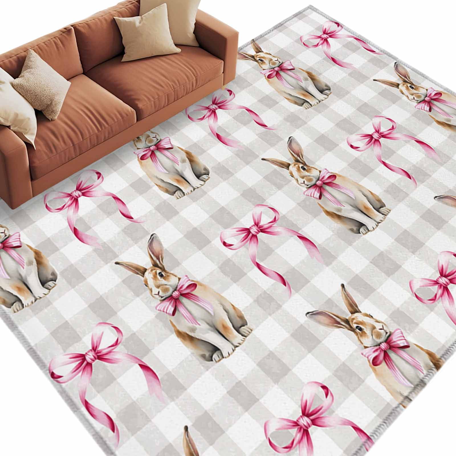 Easter Bunny Washable Area Rug 6 x 9 ft Pink Bow Rabbit Brown Plaid ...