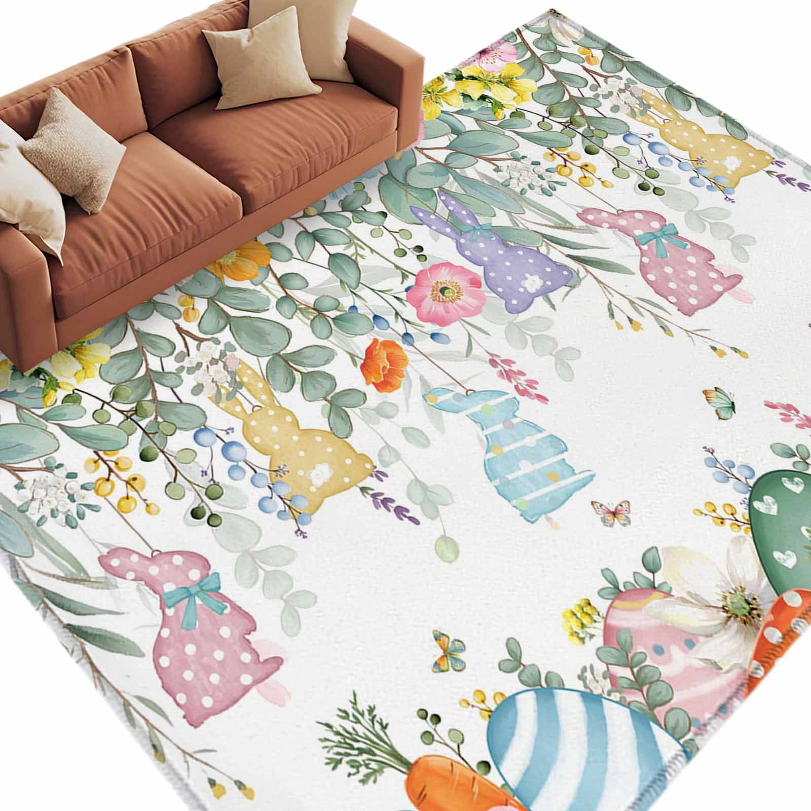 Easter Bunny Washable Area Rug 6 x 9 ft Spring Blue Pink Yellow Rabbit ...