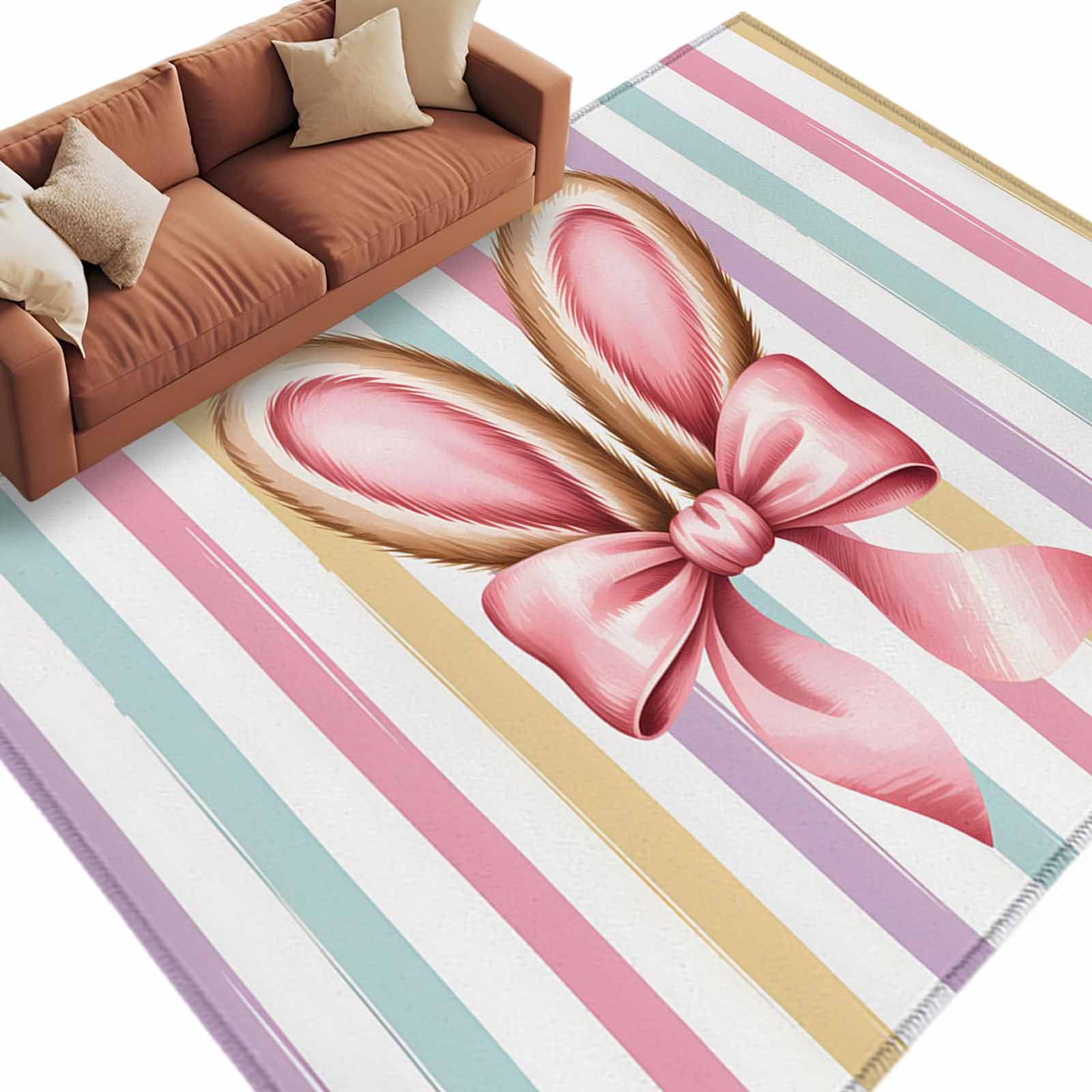Easter Bunny Washable Area Rug 6 x 9 ft Spring Cute Pink Bow Rabbit Ear ...