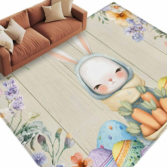 Easter Bunny Washable Area Rug 8 x 10 ft Cute Rabbits Carrot Eggs ...