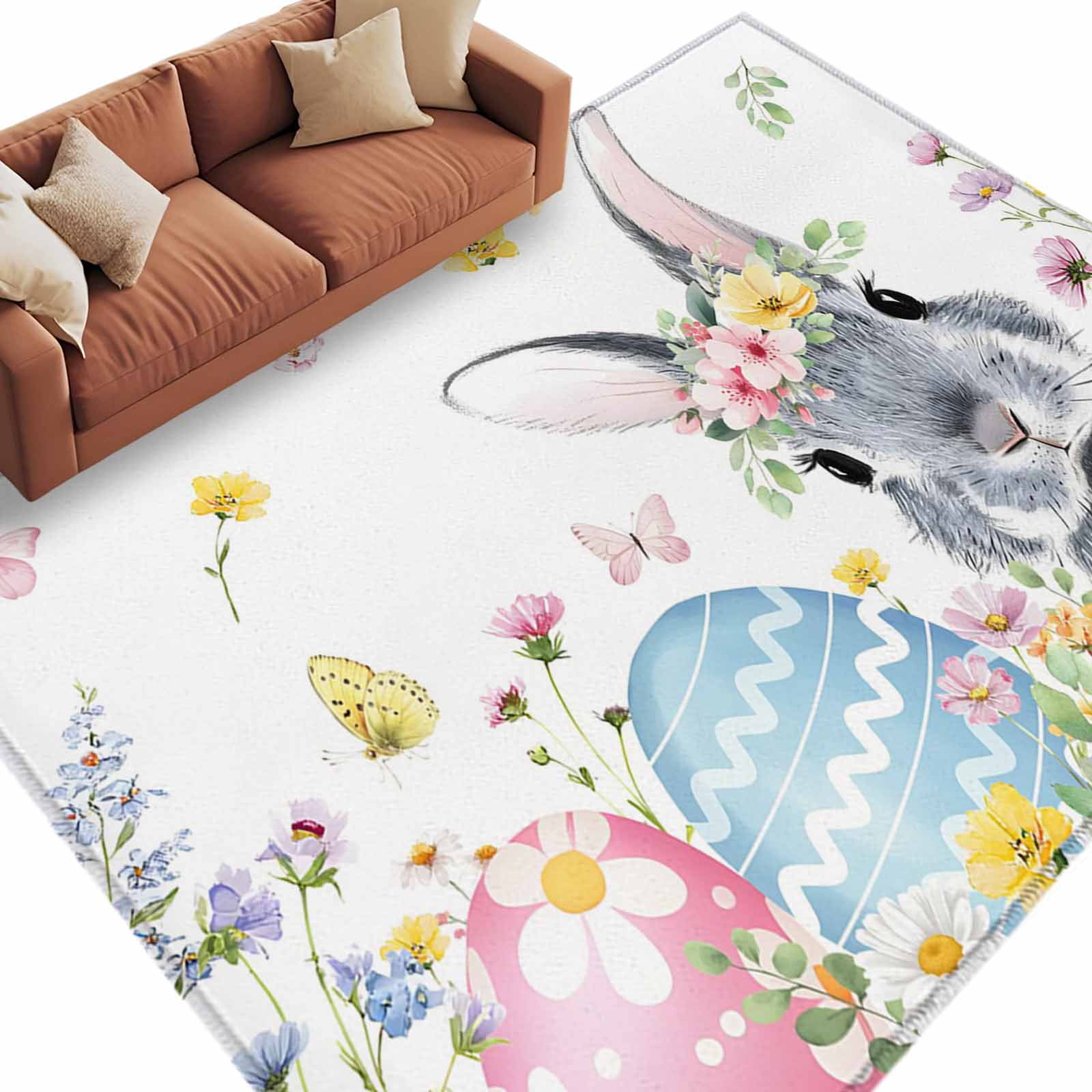 Easter Bunny Washable Area Rug 8 x 10 ft Gray Rabbits Blue Pink Eggs ...