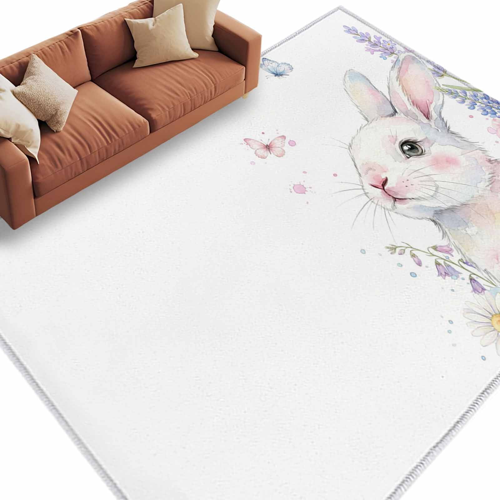 Easter Bunny Washable Area Rug 8 x 10 ft Spring Watercolor Cute Rabbit ...