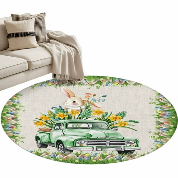 Easter Bunny Washable Round Area Rug 3.3 ft, Spring Rabbit on Track ...