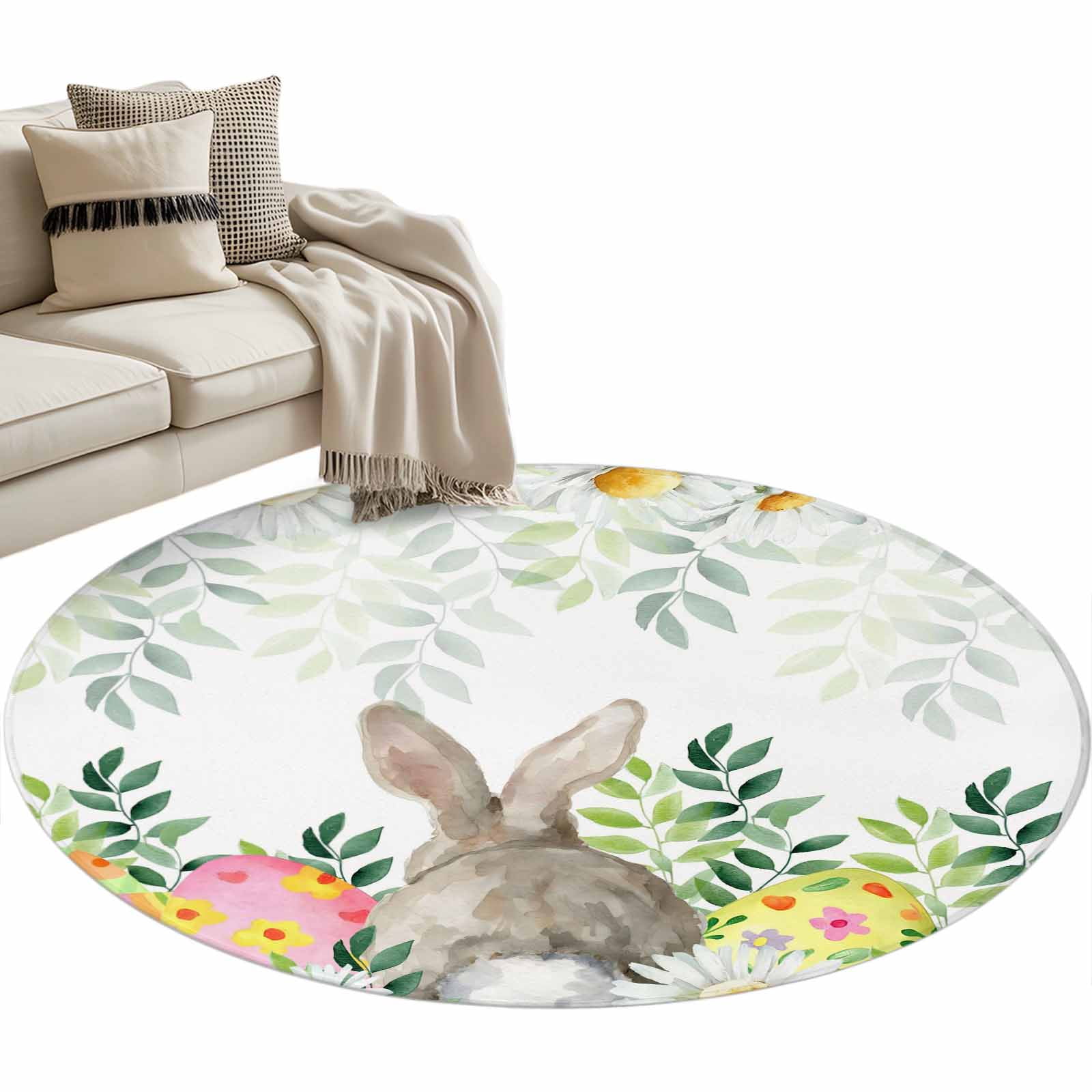 Easter Bunny Washable Round Area Rug 4 ft, Spring Gray Rabbit Daisy ...