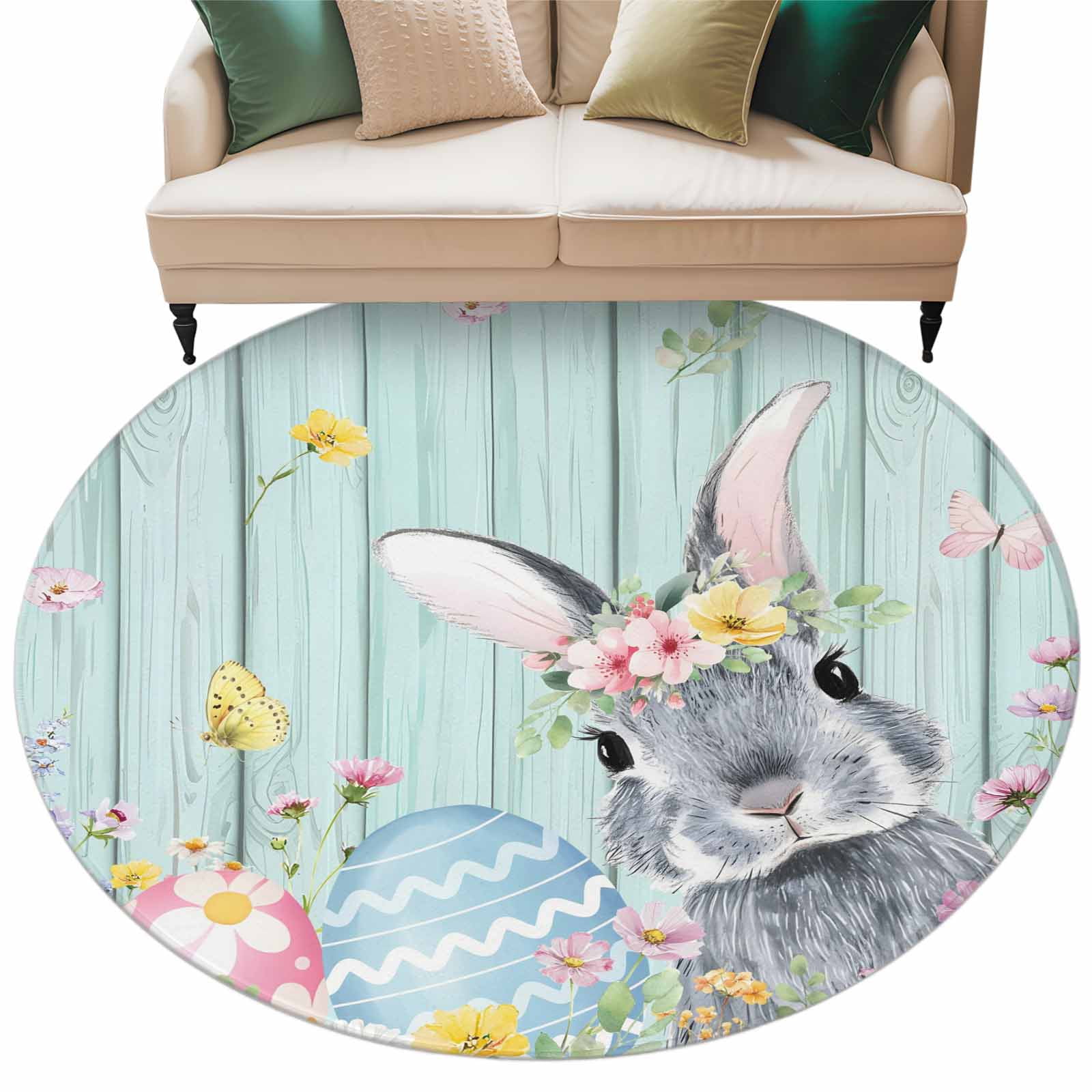 Easter Bunny Washable Round Area Rug 5 ft, Gray Rabbit Colorful Eggs ...