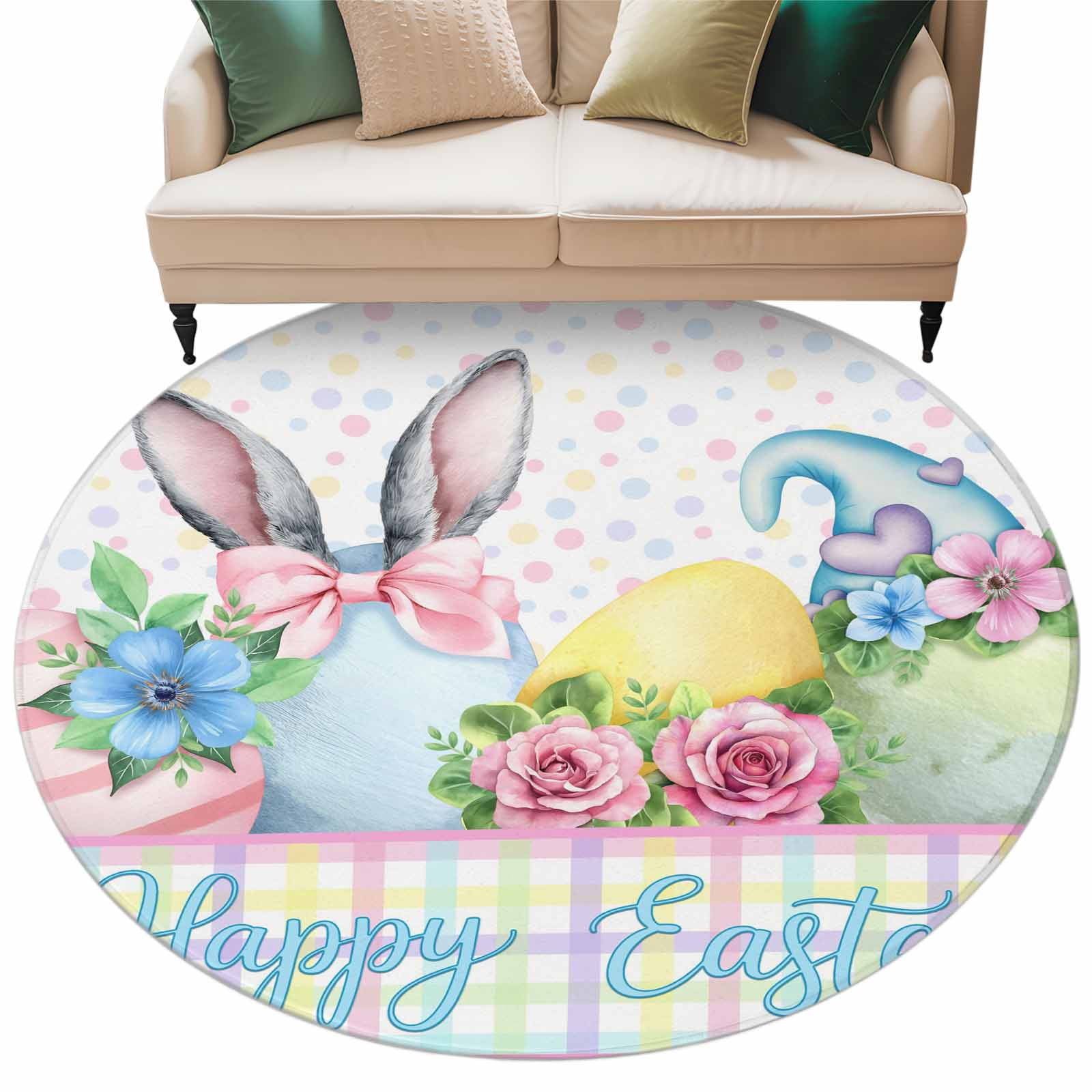 Easter Bunny Washable Round Area Rug 6 ft, Colorful Eggs Pink Rose ...