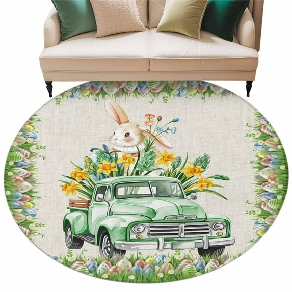 Easter Bunny Washable Round Area Rug 6 ft, Spring Rabbit on Track ...
