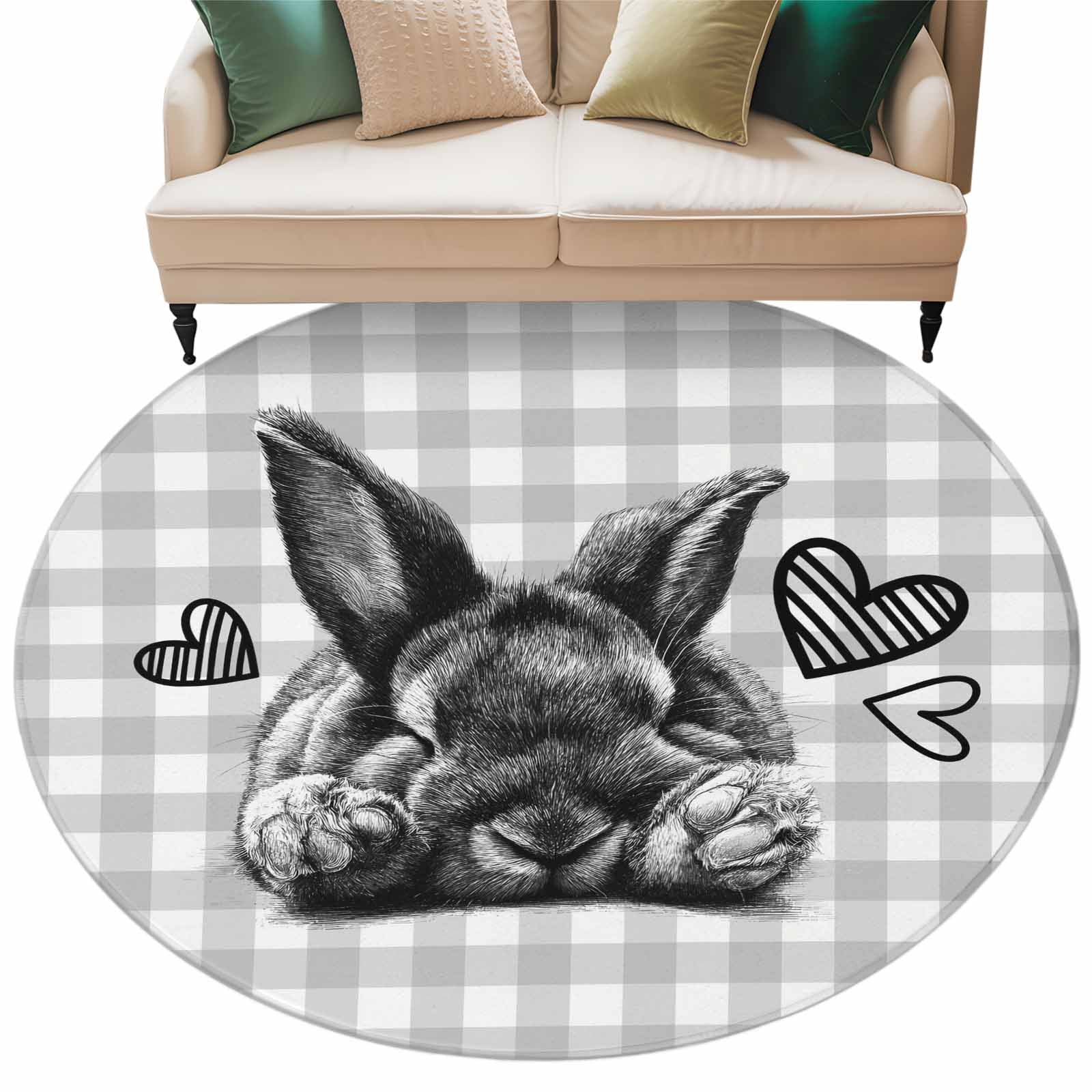 Easter Bunny Washable Round Area Rug 7 ft, Cute Black Rabbit Heart Farm ...