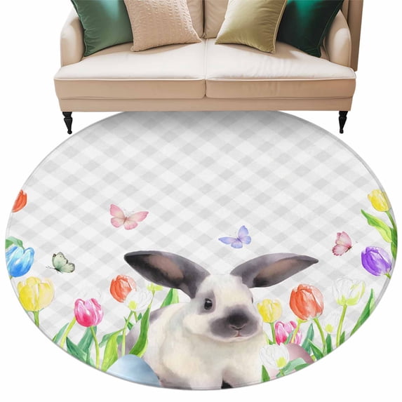 Easter Bunny Washable Round Area Rug 8 ft, Spring Rabbit Eggs Tulip ...