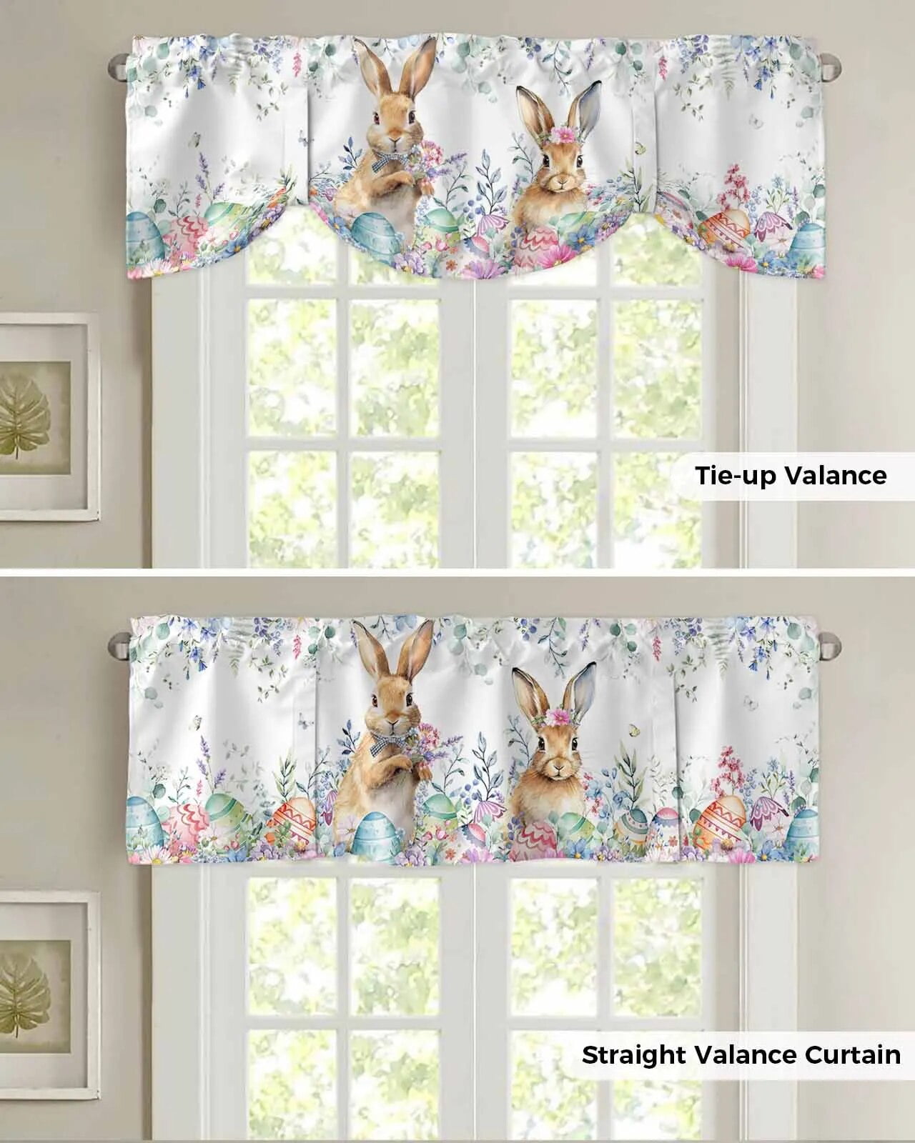 Easter Bunny Watercolor Flowers Window Curtain Living Room Kitchen ...