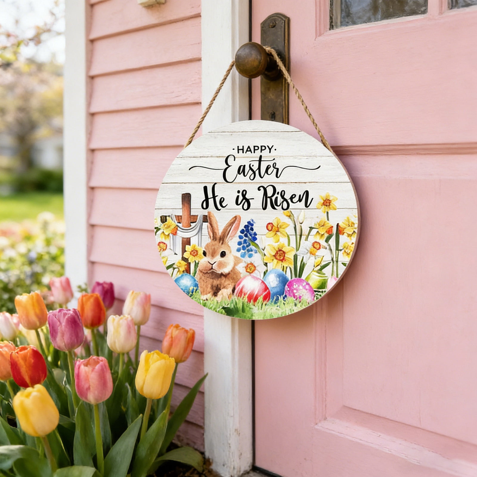 Easter Bunny Wood Sign Hanging Plaque, 30X30X0.4Cm Round Wooden Door ...