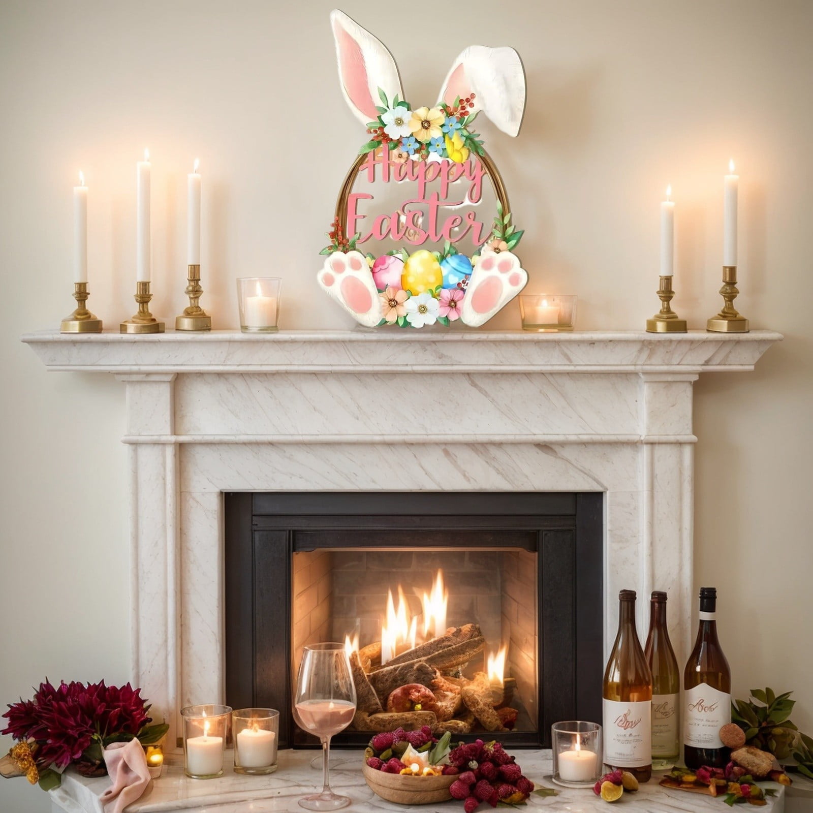 Easter Bunny Wooden Door Hanging Happy Easter Wall Hanging With Floral ...