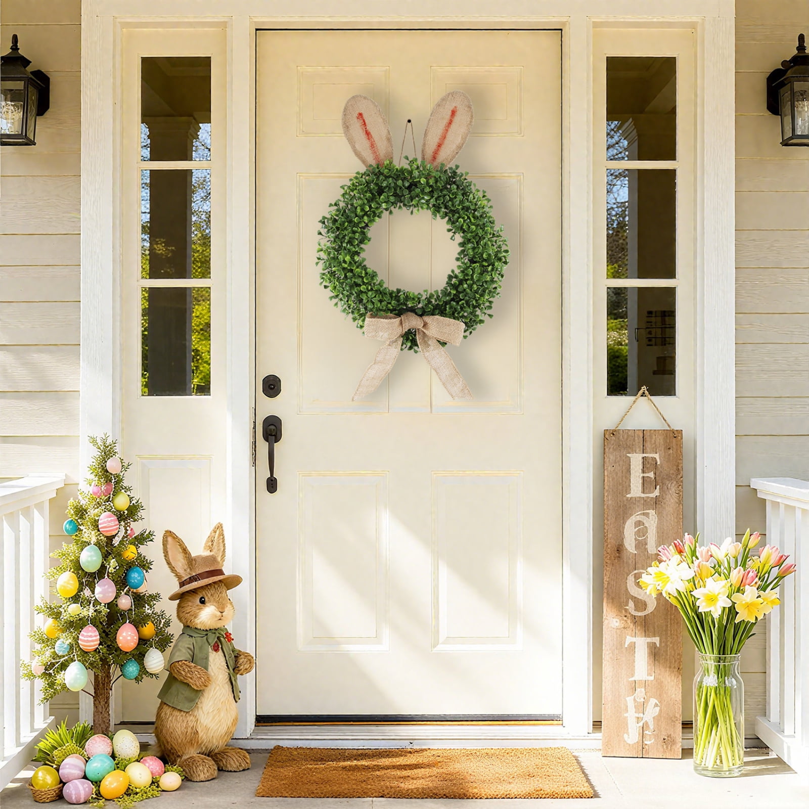 Easter Bunny Wreath, 24 Inch Artificial Boxwood Wreath with Burlap Ears ...
