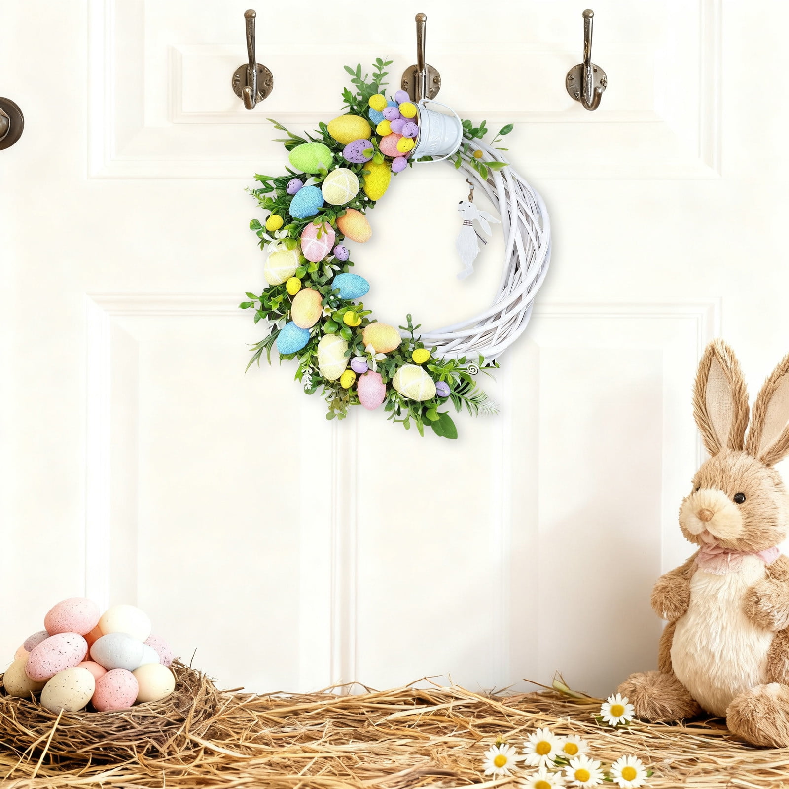 Easter Bunny Wreath, Easter Door Decoration, Spring Floral Garland With ...