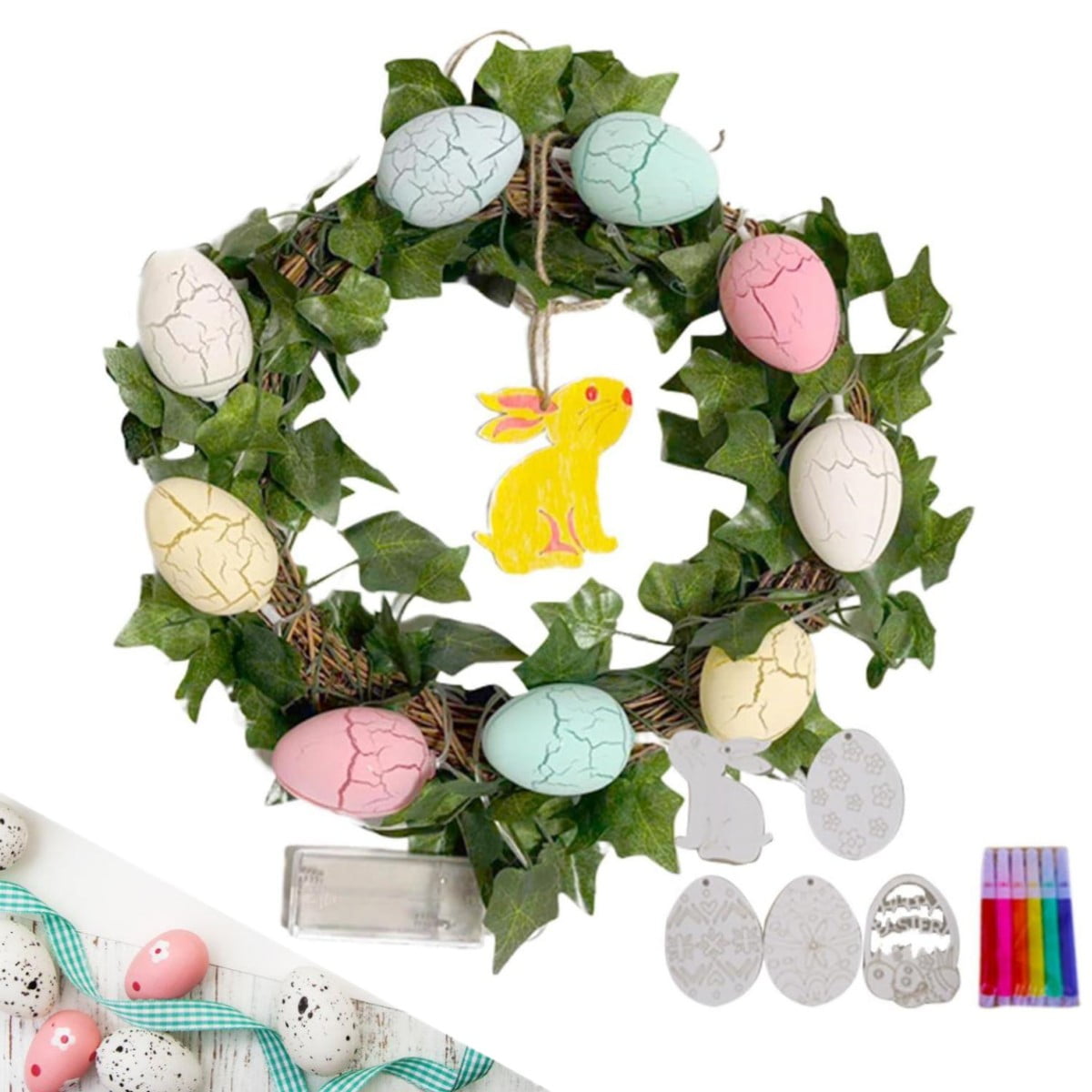 Easter Bunny Wreath with LED String Light, Battery Powered 25cm ...