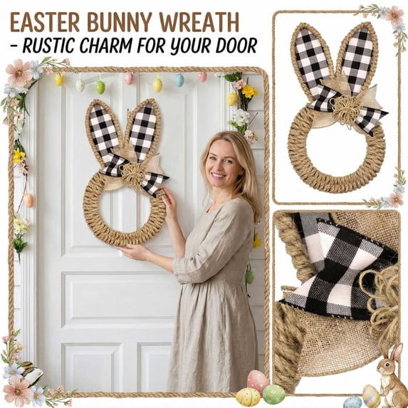 Easter Bunny Wreath with Buffalo Plaid Bow Jute Rope Wrapped Bunny Ears ...