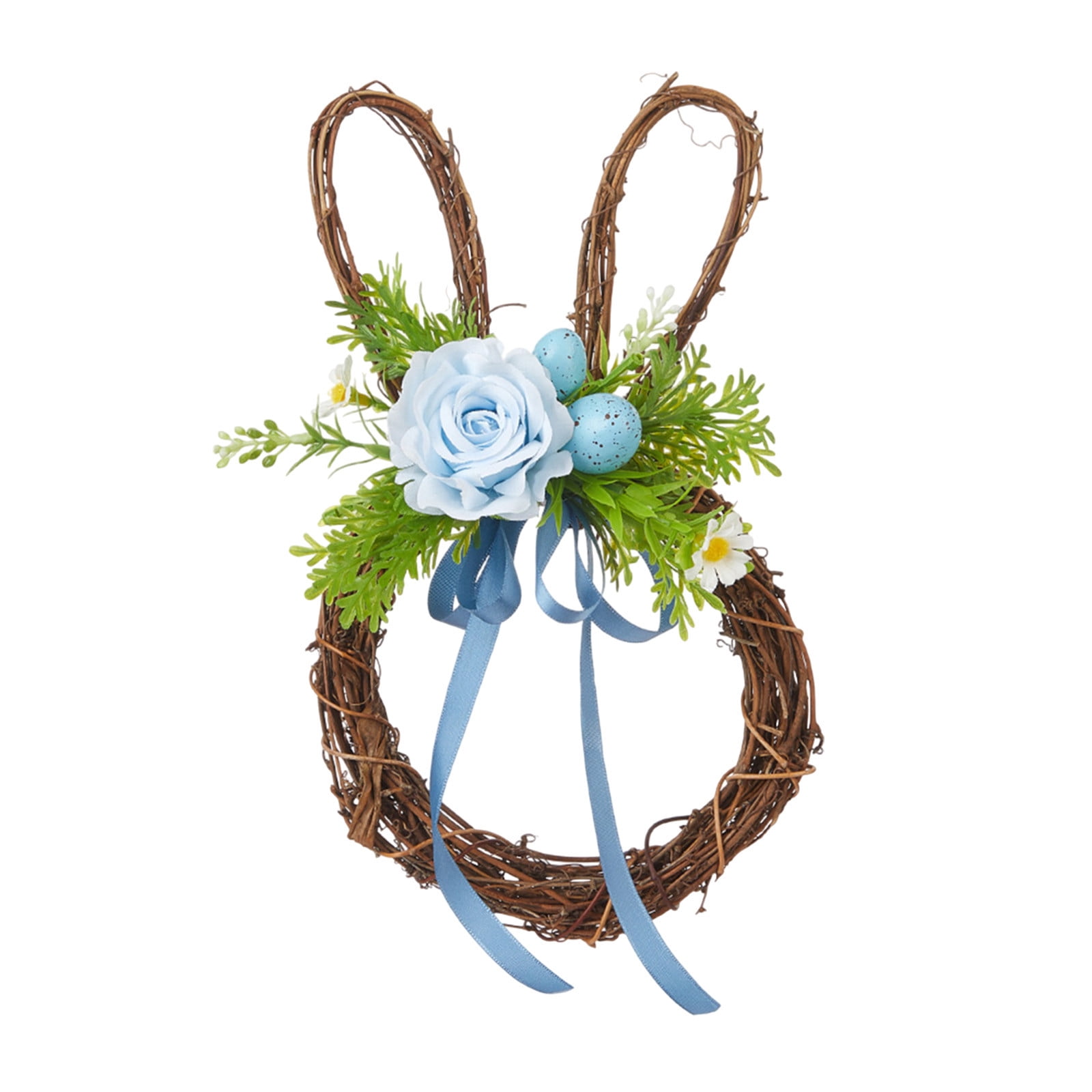 Easter Bunny Wreath with Rattan, Easter Eggs, and Bow, Wooden Tabletop ...