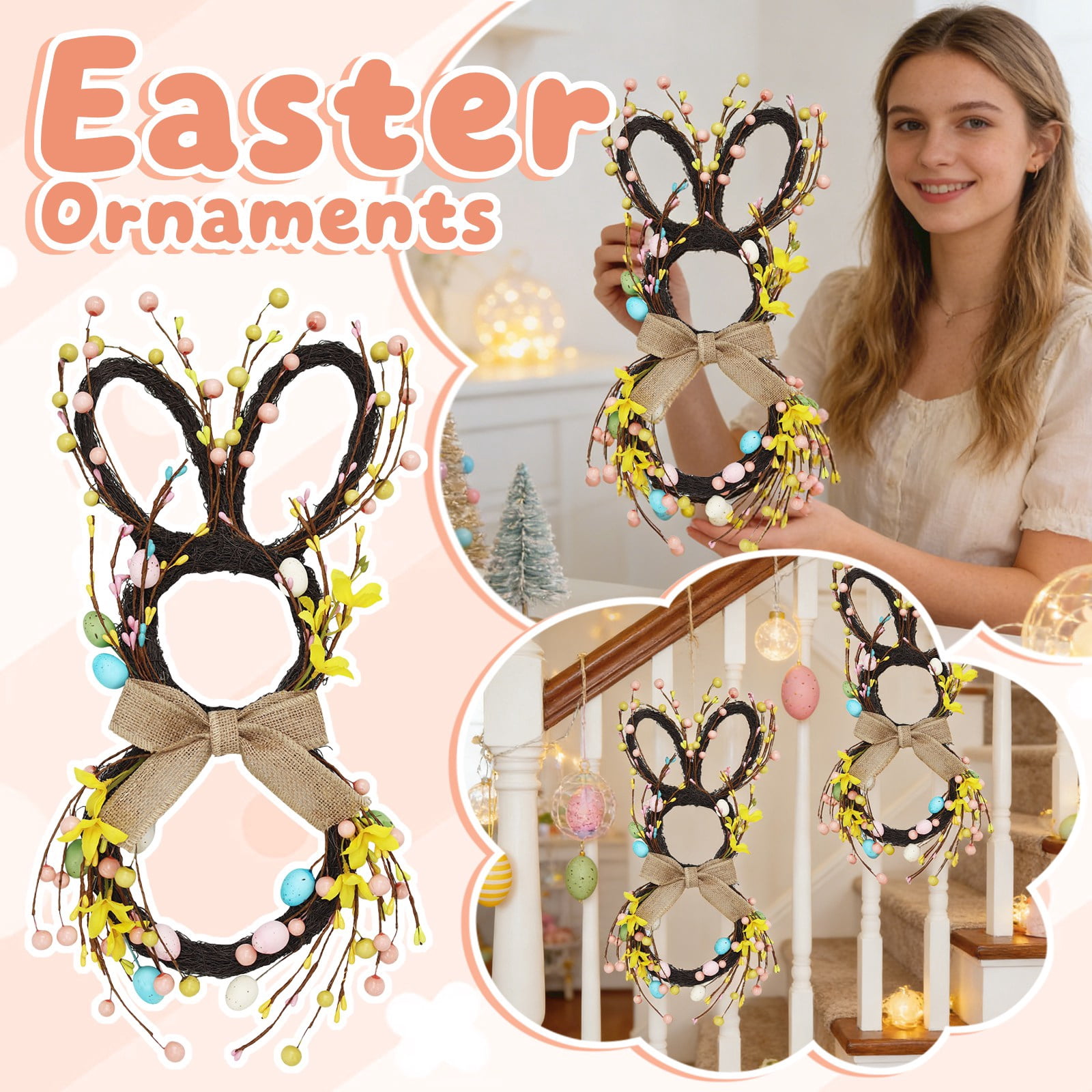 Easter Bunny Wreaths for Front Door 19.6inch Artificial Rabbit-Shaped ...