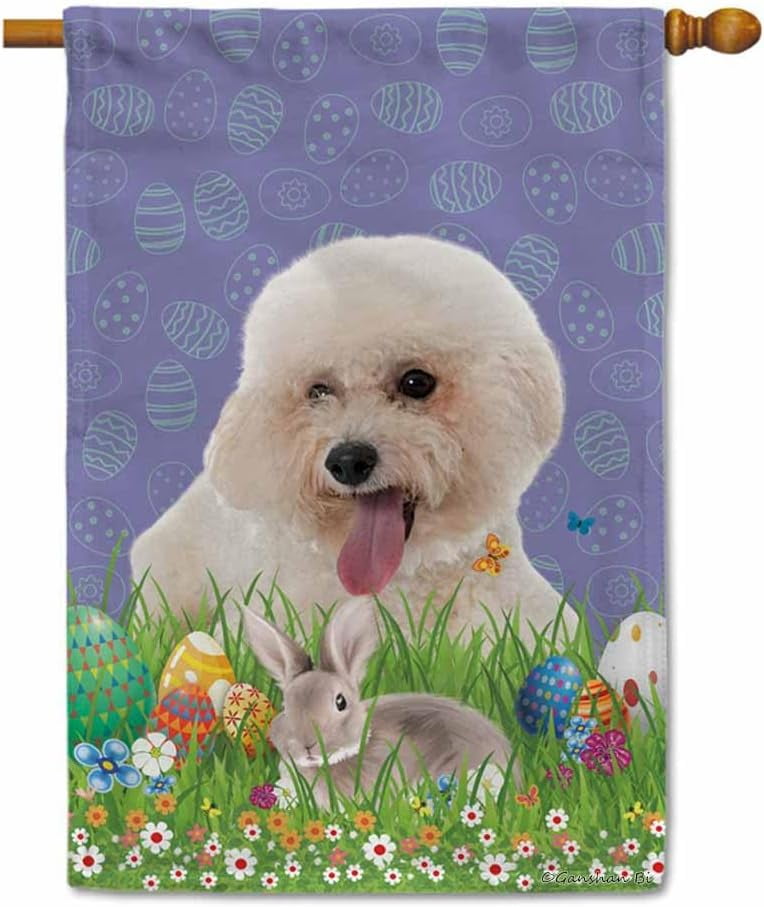 Easter Bunny with Dog Bichon Frise Maltese House Flag Colorful Eggs ...