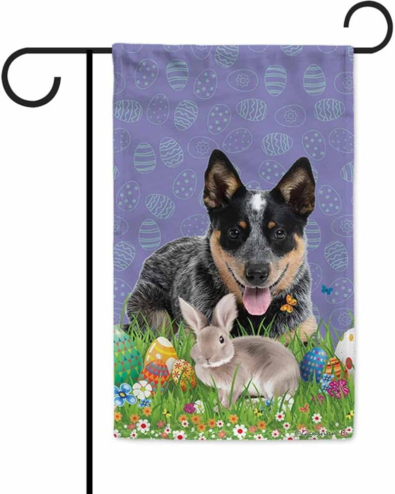 Easter Bunny with Dog Blue Heeler Garden Flag Colorful Eggs Spring ...