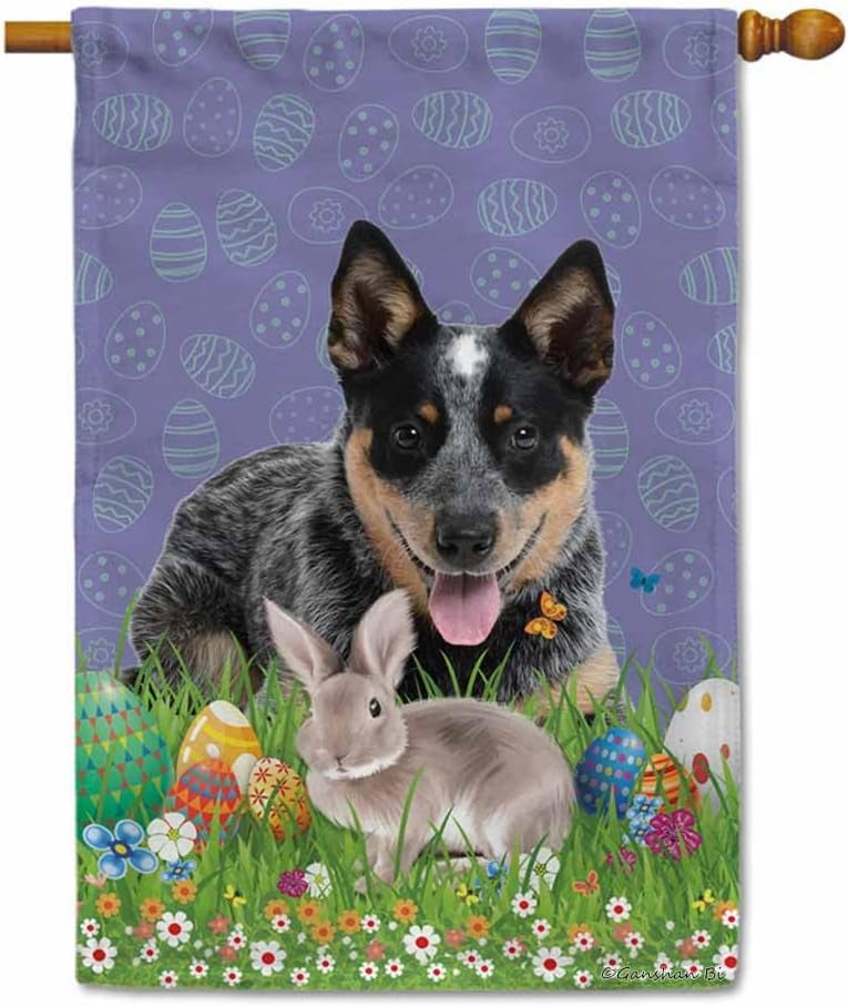 Easter Bunny with Dog Blue Heeler House Flag Colorful Eggs Spring ...