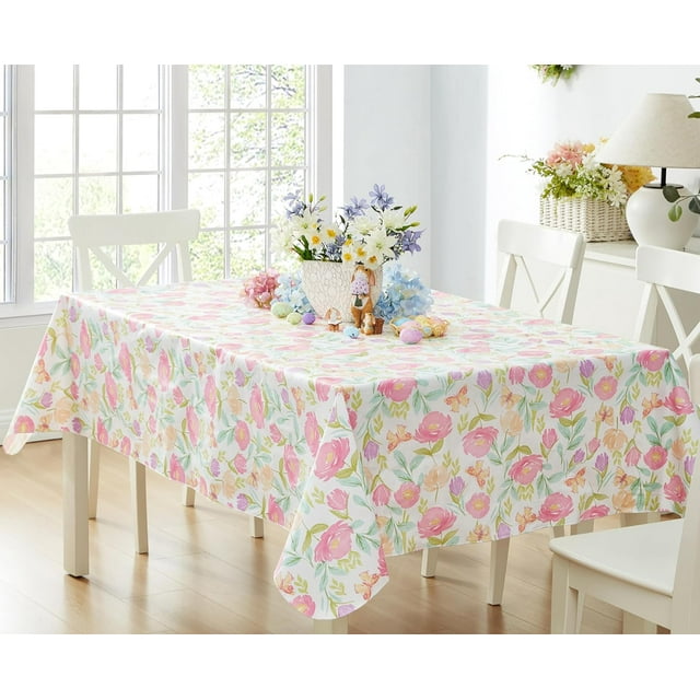 Easter Butterfly Field Floral Vinyl Flannel Backed Tablecloth, 60 x 84 ...