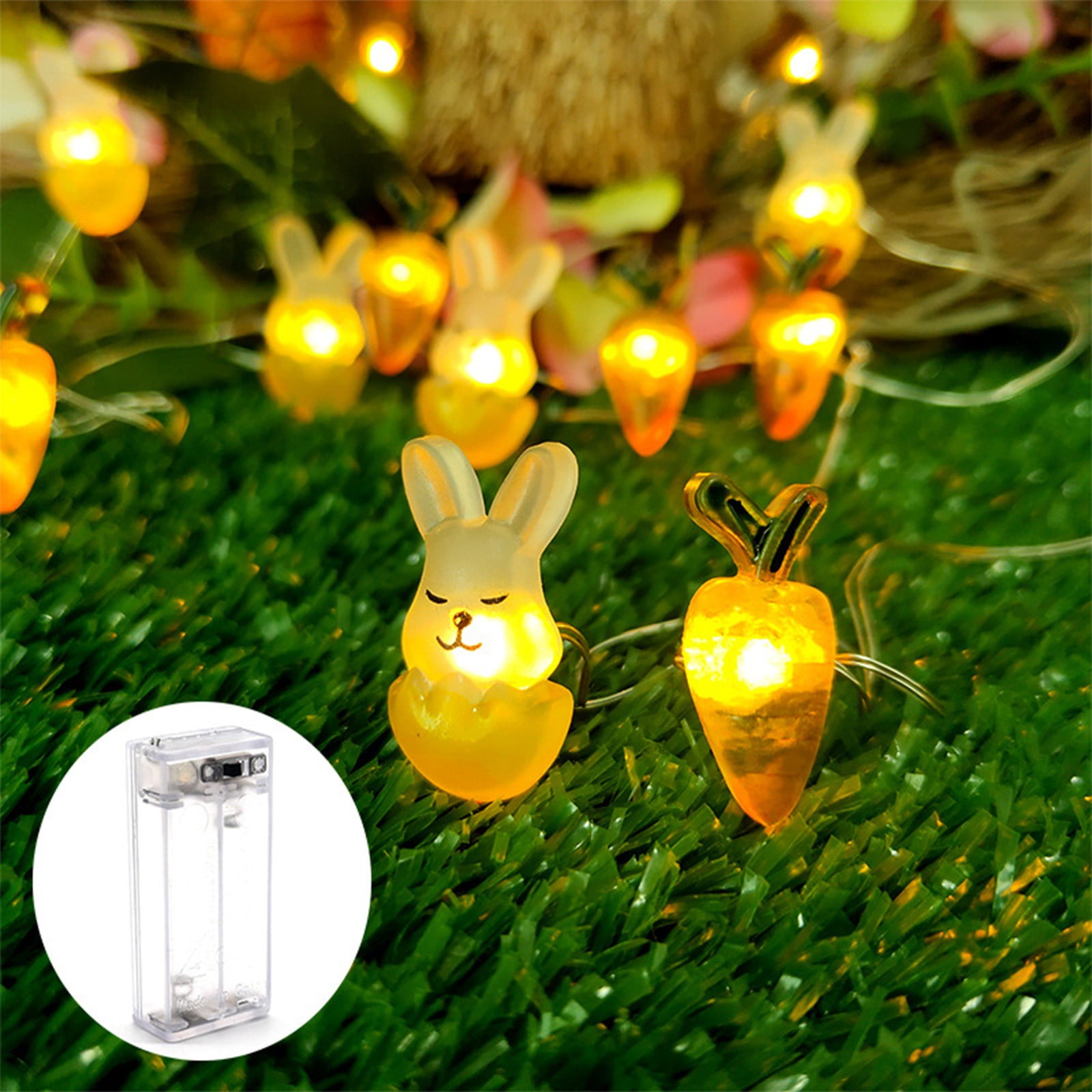 Easter Carrot and Rabbit LED String Lights, 118in Yellow Copper Wire, 3000K Warm Glow, Battery ...