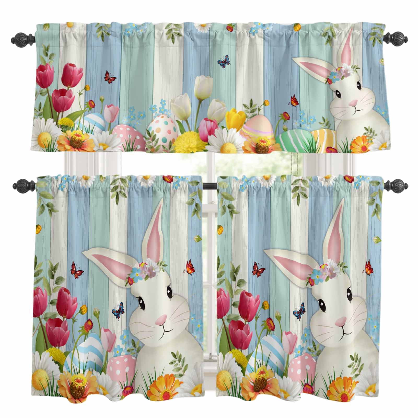 Easter Cartoon Bunny Kitchen Curtains and Valances Set, Spring Tulips ...