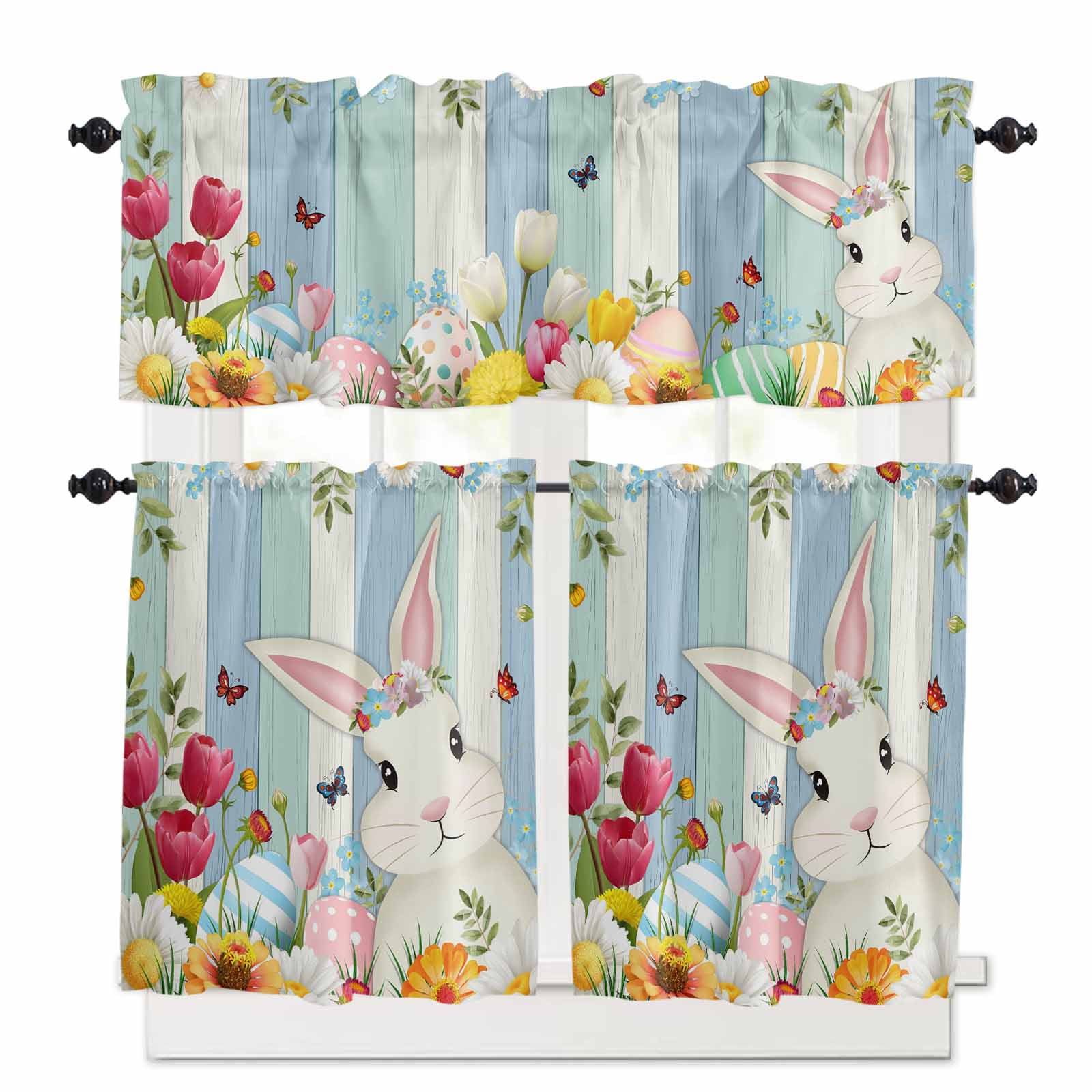 Easter Cartoon Bunny Kitchen Curtains Valances and Tiers Set of 3 ...