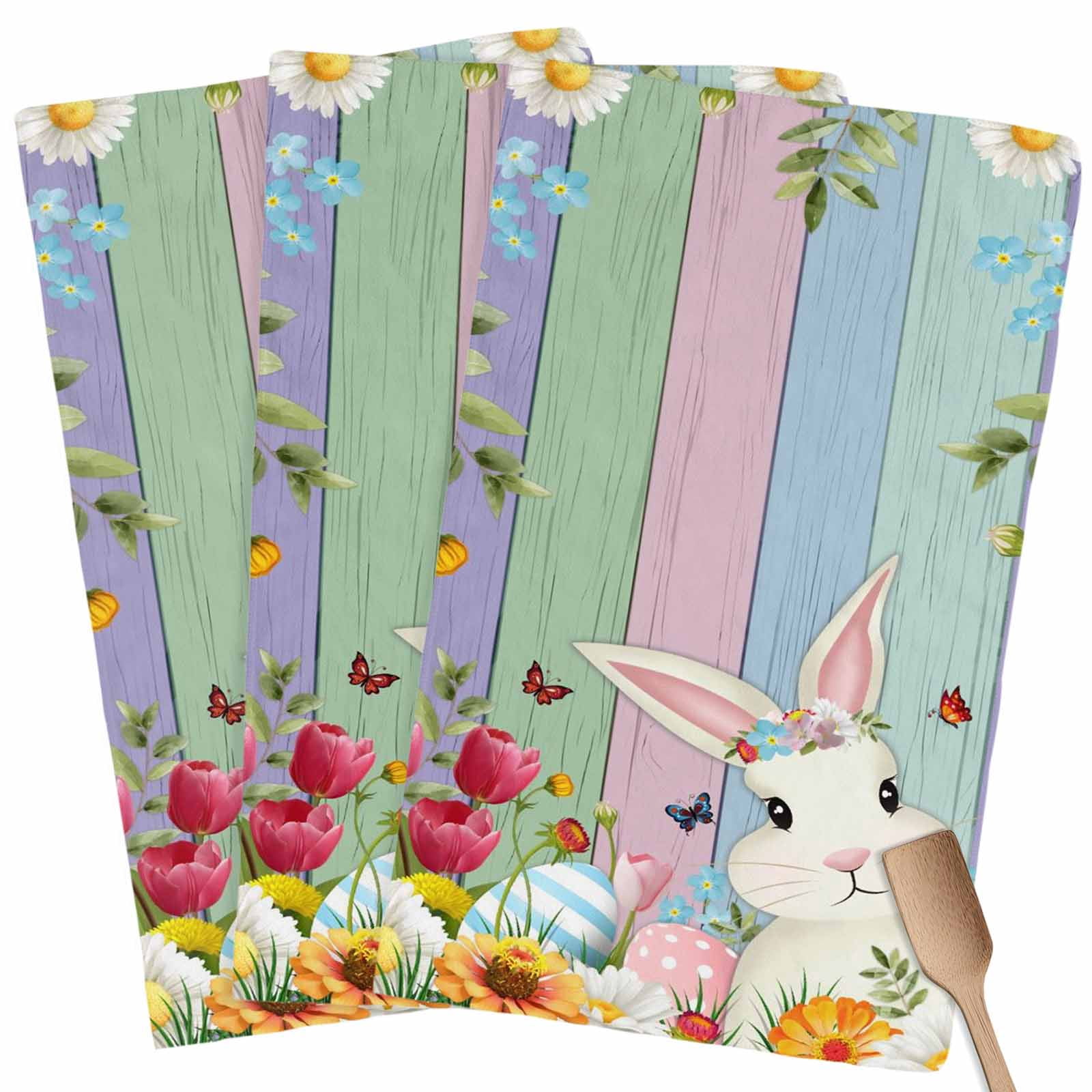 Easter Cartoon Bunny Kitchen Towel Spring Tulips Daisy Leaf Pink Blue ...