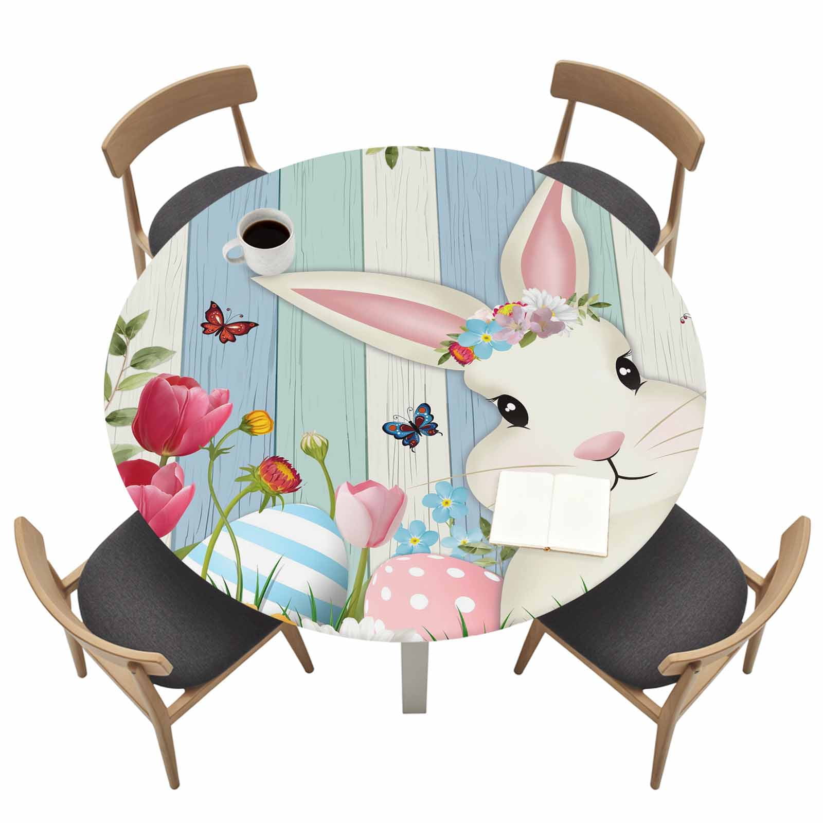 Easter Cartoon Bunny Round Fitted Tablecloth with Elastic Edge Spring ...