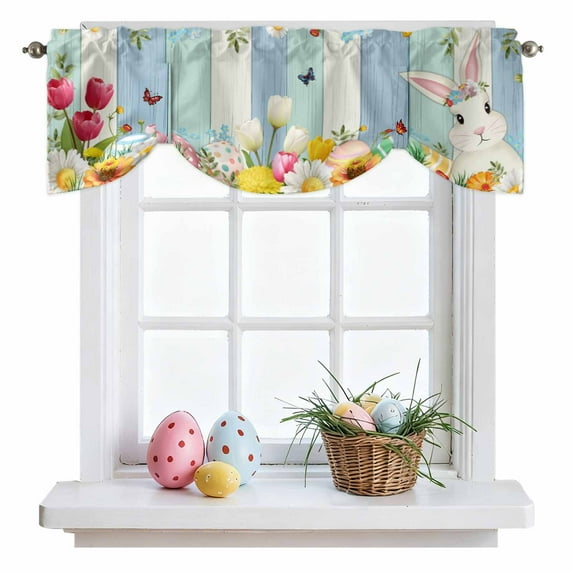 Easter Cartoon Bunny Tie Up Valances Curtain, Spring Tulips Daisy Leaf ...