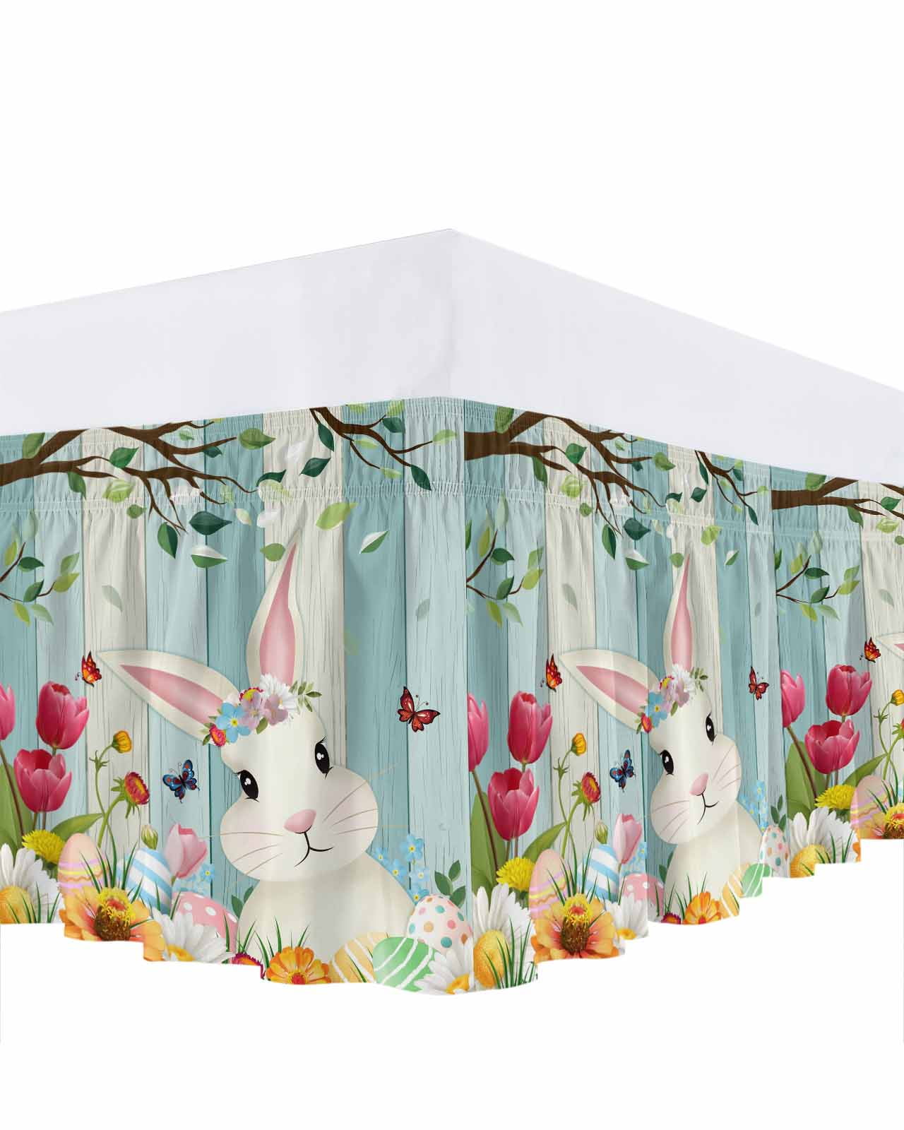 Easter Cartoon Rabbits Bed Skirt King Size 18 Inch Drop, Spring Flowers ...