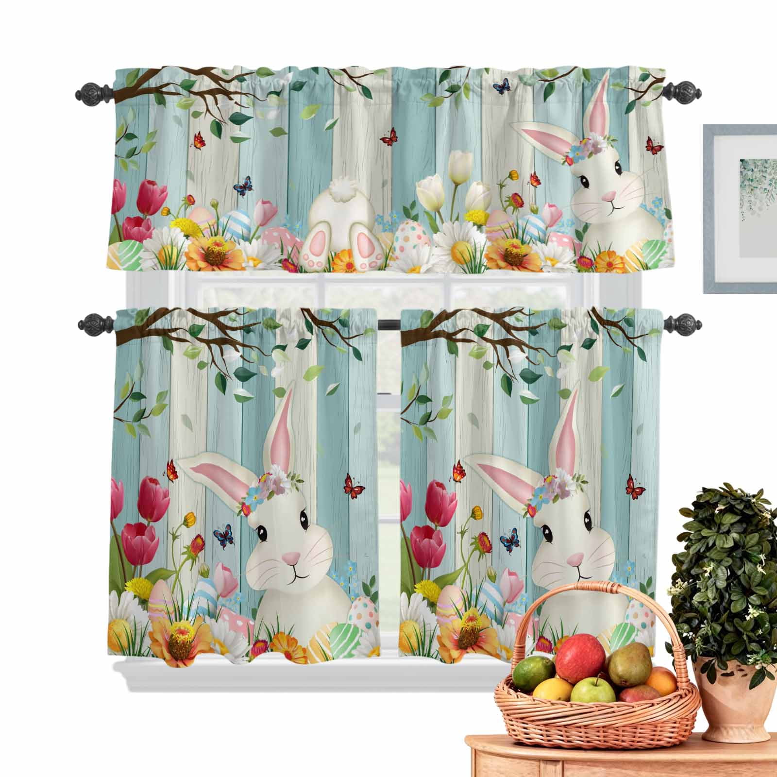 Easter Cartoon Rabbits Kitchen Curtains Valances 3 Piece Set, Spring ...
