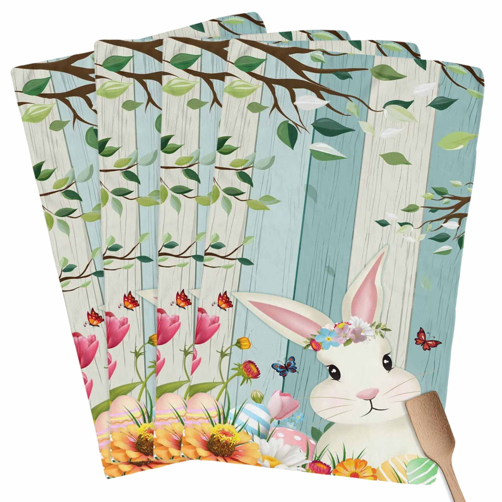 Easter Cartoon Rabbits Kitchen Towel Spring Flowers Leaf Branches Teal ...