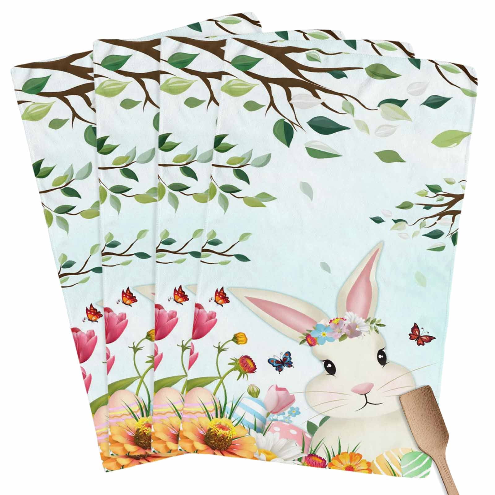 Easter Cartoon Rabbits Kitchen Towel Spring Flowers Leaf Branches Teal ...